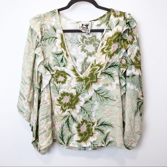 Jaase | Tops | Jaase Green Floral Print Boho Blouse Small | Poshmark